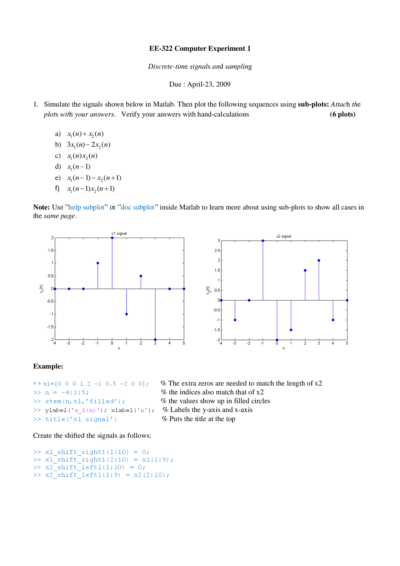 Discrete Time Signals And Sampling Computer Experiment 1 Ee 322 Docsity