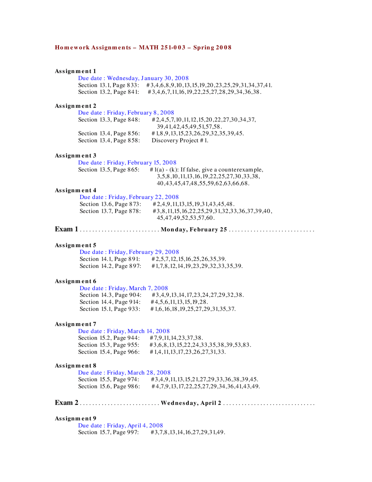Homework for Multivariate and Vector Calculus | MATH 251 - Docsity