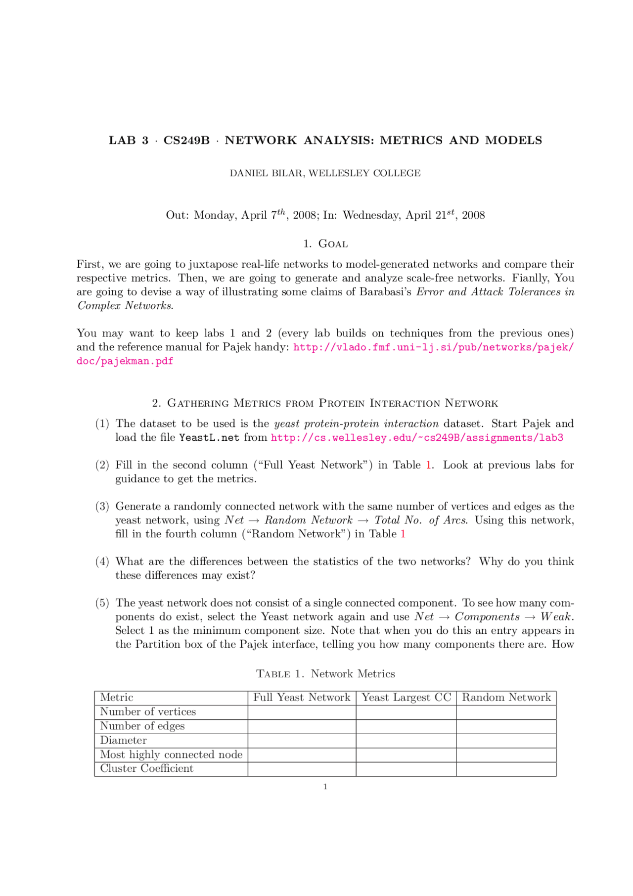 Lab Iii Network Analysis Metrics And Models Cs 249 Docsity