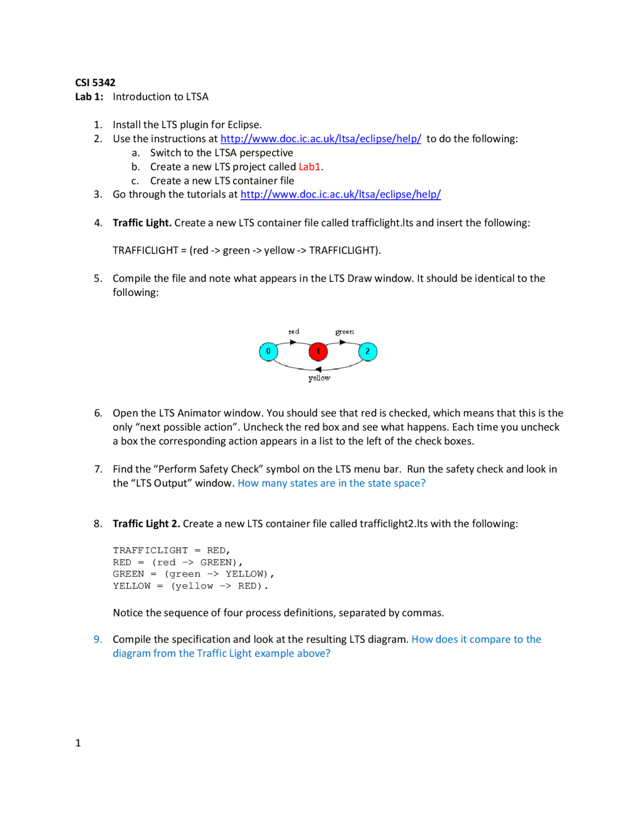 Lab 1 Introduction To Ltsa Formal Specifications Csi 5342 Docsity