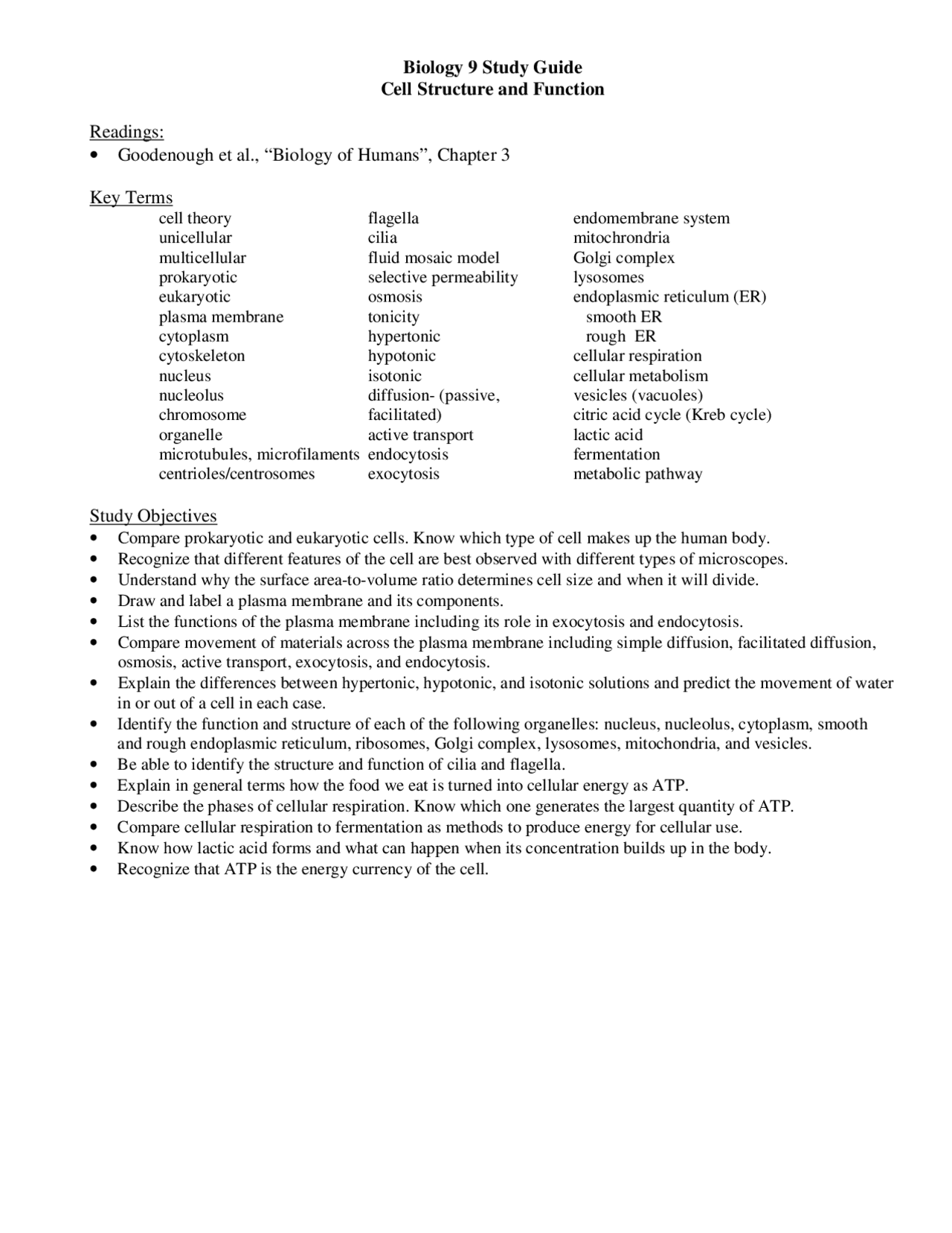 Cell Structure and Function in Human Biology - Study Guide | BIO 9 ...