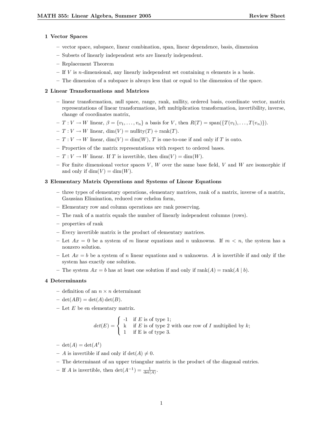 Review Sheet for Linear Algebra | MATH 355 - Docsity