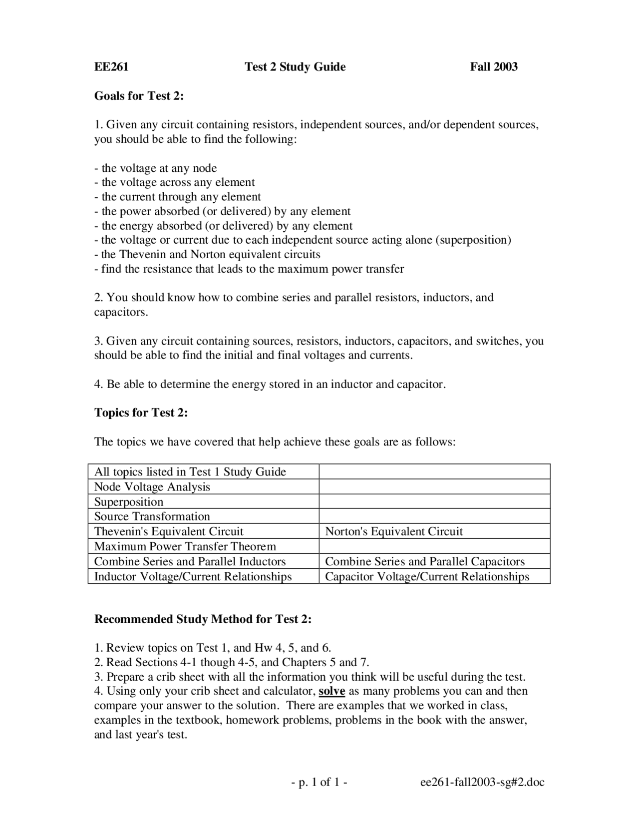 Exam 2 Study Guide - Electrical Circuits | EE 261 - Docsity
