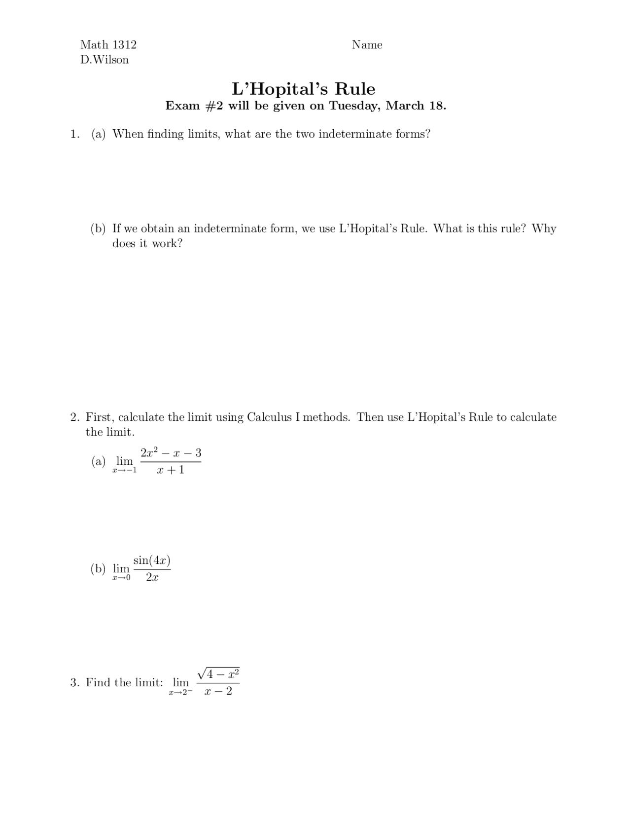 L'Hopital Rule - Calculus II - Exam 2 Questions | MATH 1312 | Exams ...