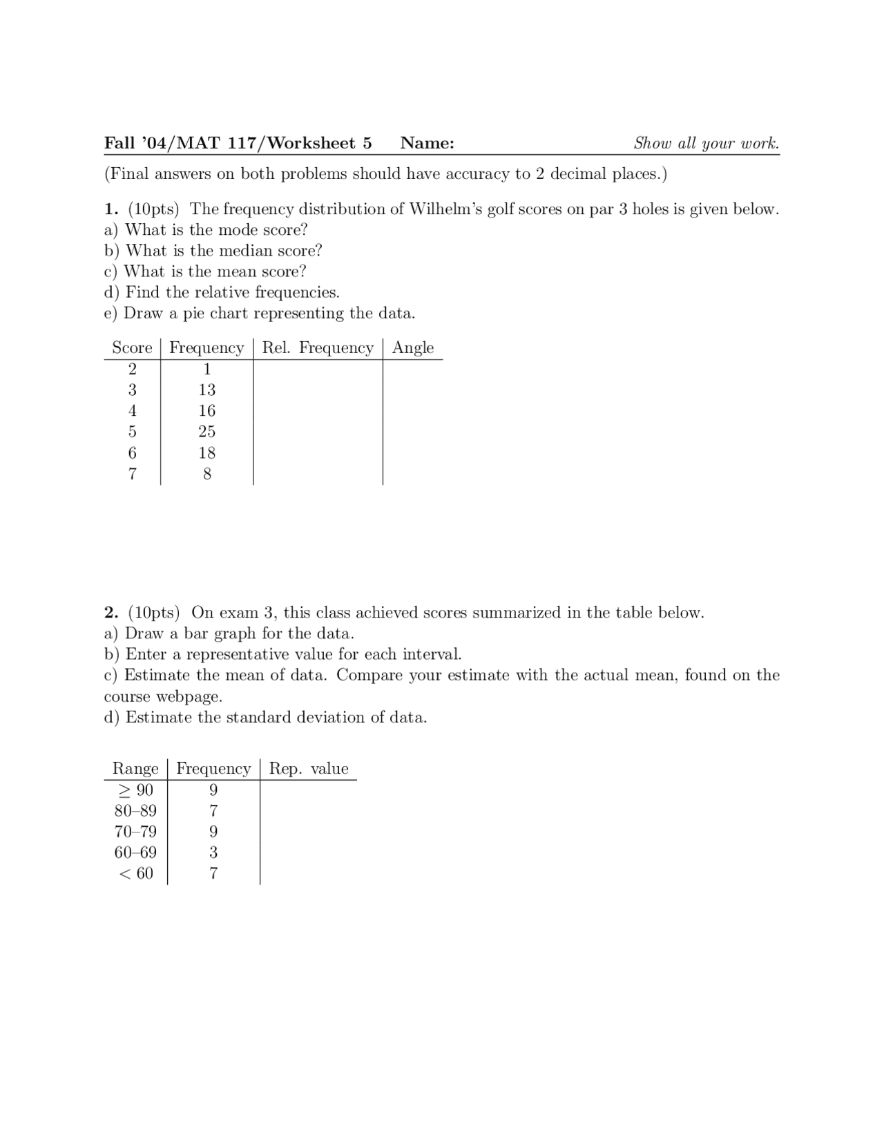Worksheet 5 Mathematical Concepts Fall 2004 Mat 117 Docsity