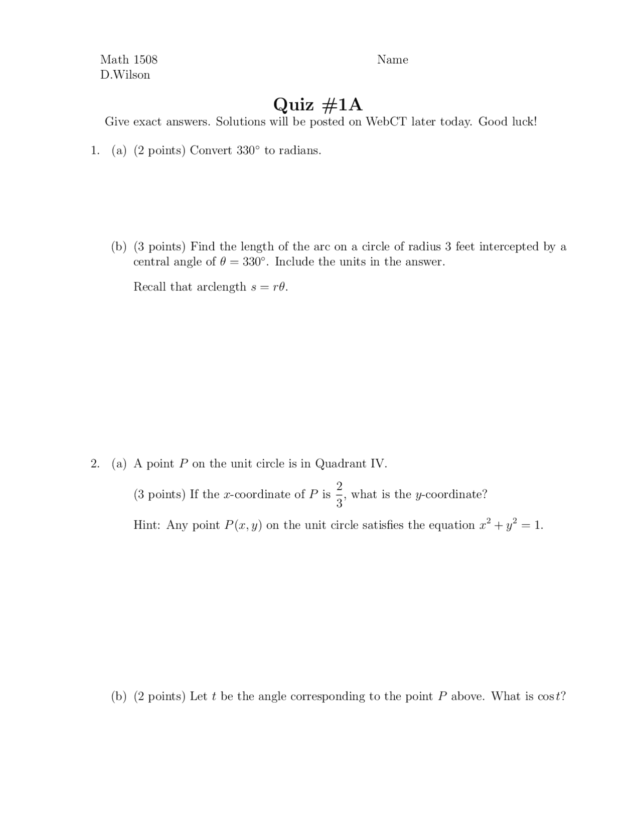 Quiz 1 Version A Precalculus Math 1508 Docsity