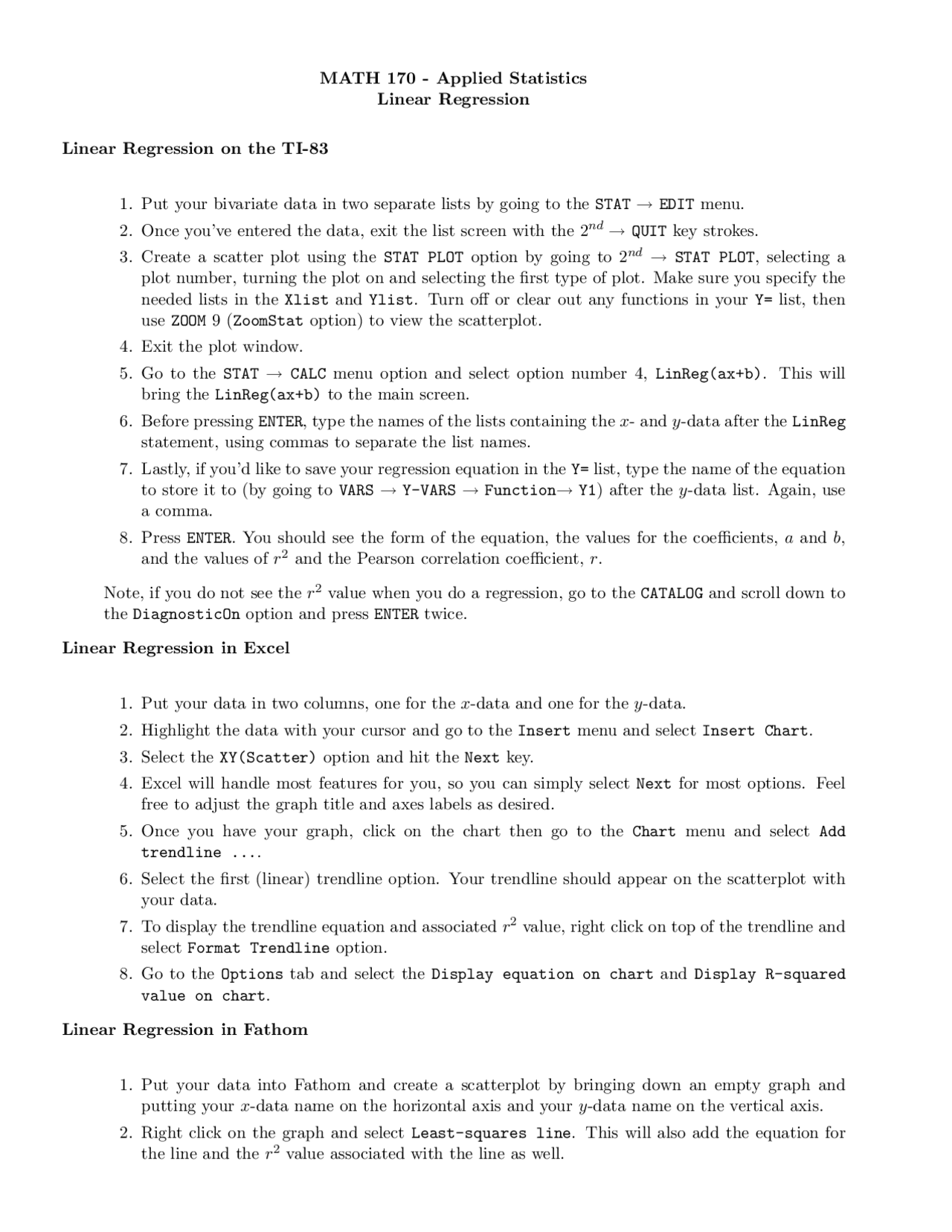 Linear Regression Applied Statistics Math 170 Docsity