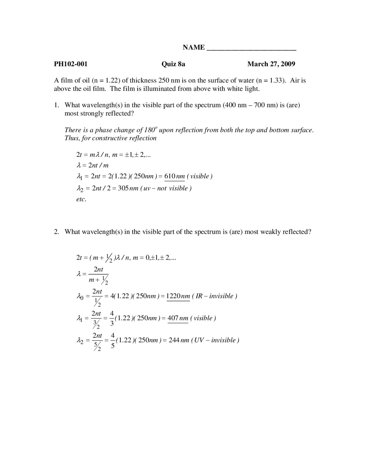 Quiz 8a With Solution For General Physics Ii Ph 102 Quizzes Physics