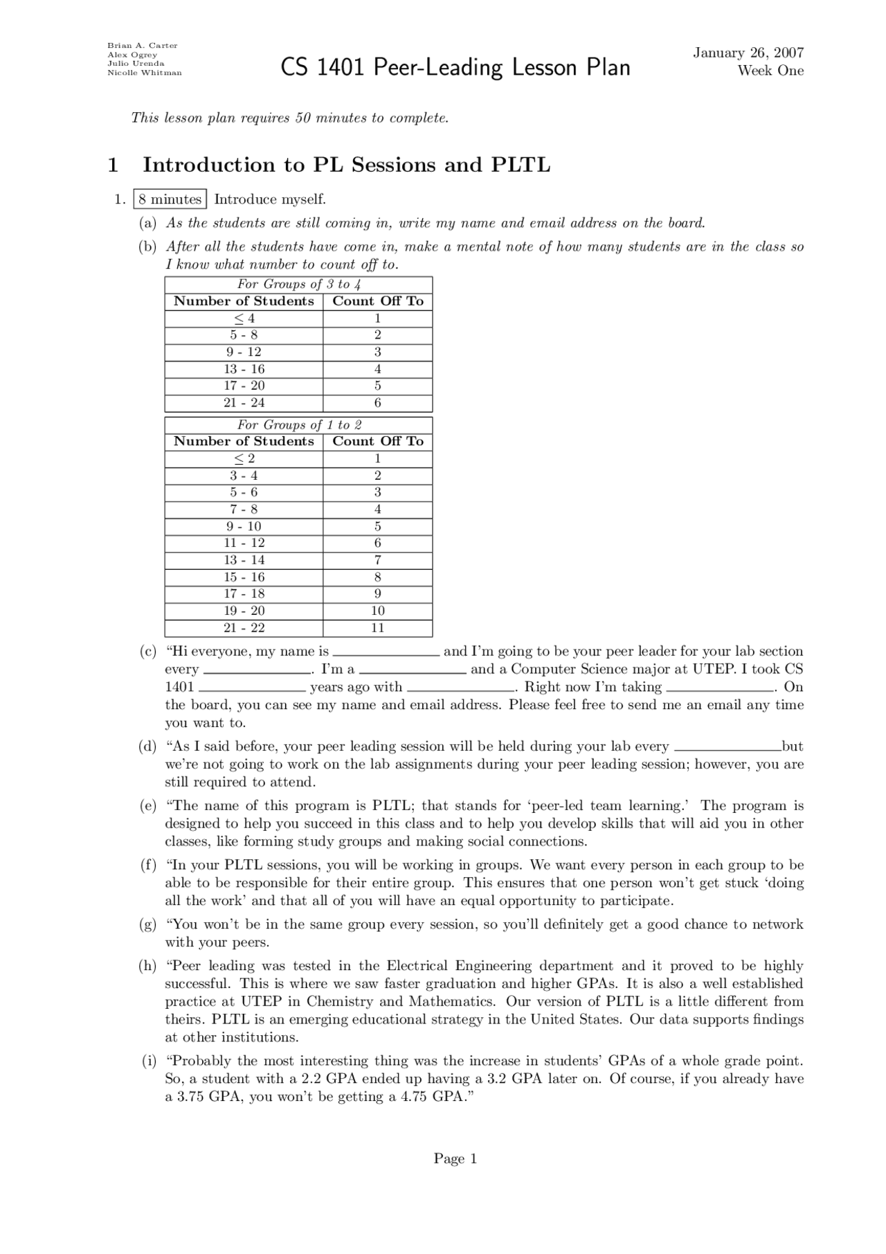 Introduction to PL Sessions and PLTL - Peer-Leading Lesson Plan | CS ...