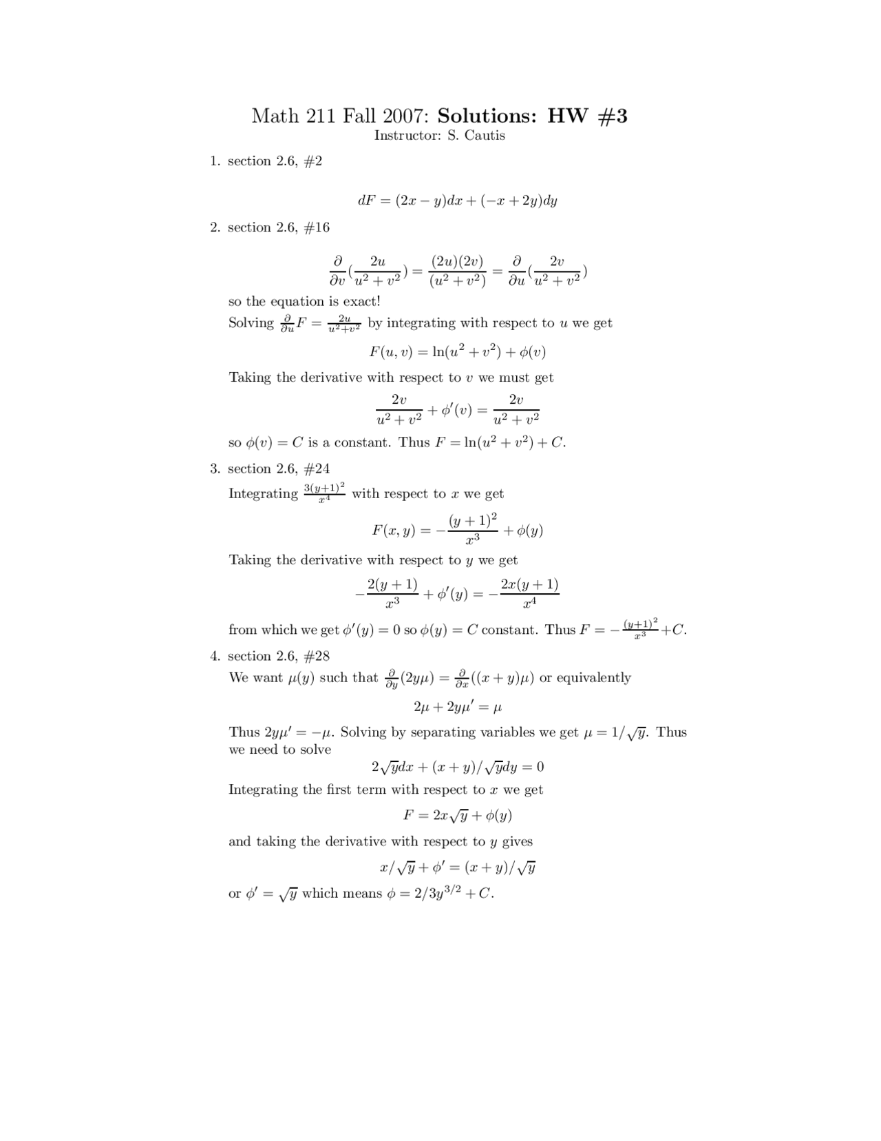 Ordinary Differential Equations Homework 3 Solution Manual Math 211