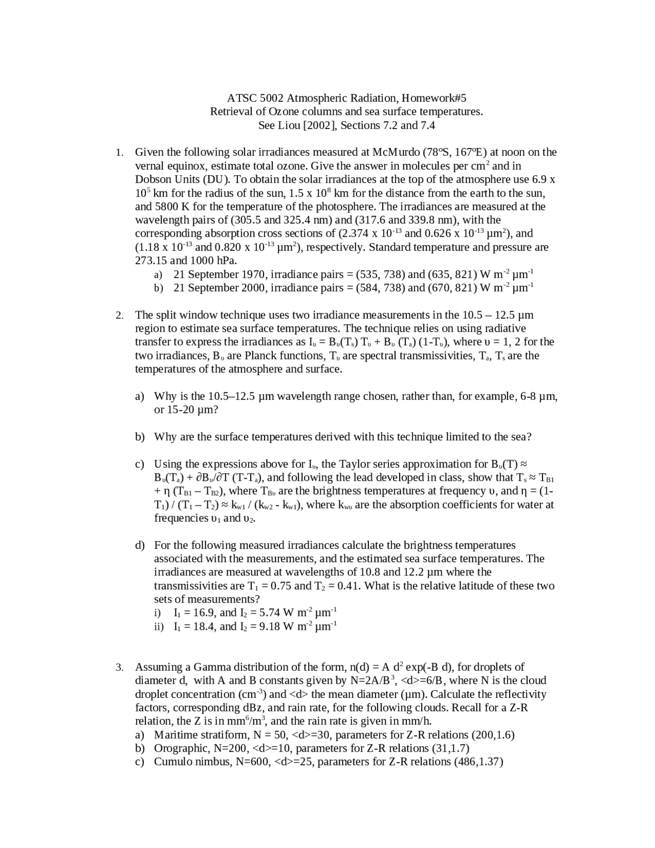 Practice Questions For Assignment 5 Atmospheric Radiation I Atsc
