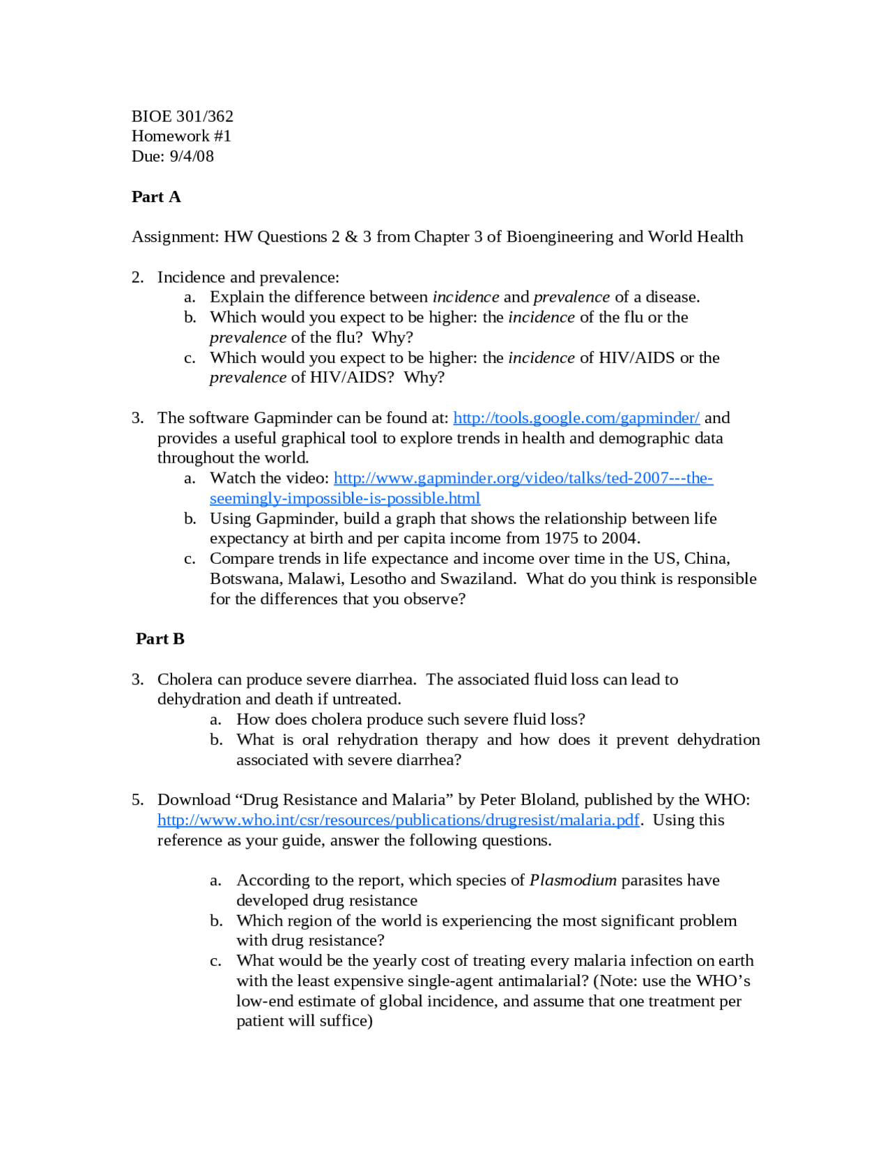Homework 1 For Bioengineering And World Health Bioe 301 Docsity