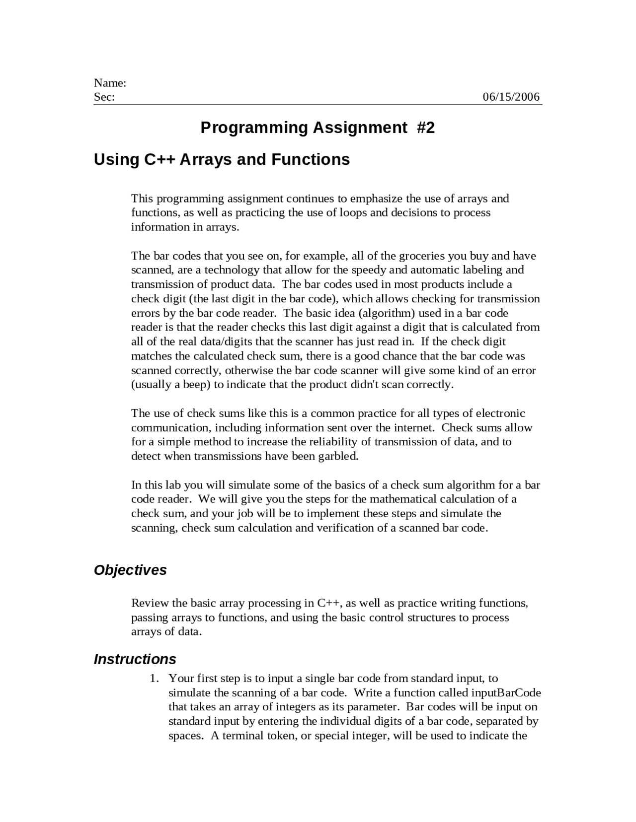 Programming Assignment 2 Using C Arrays And Functions 2006 Csci 4913