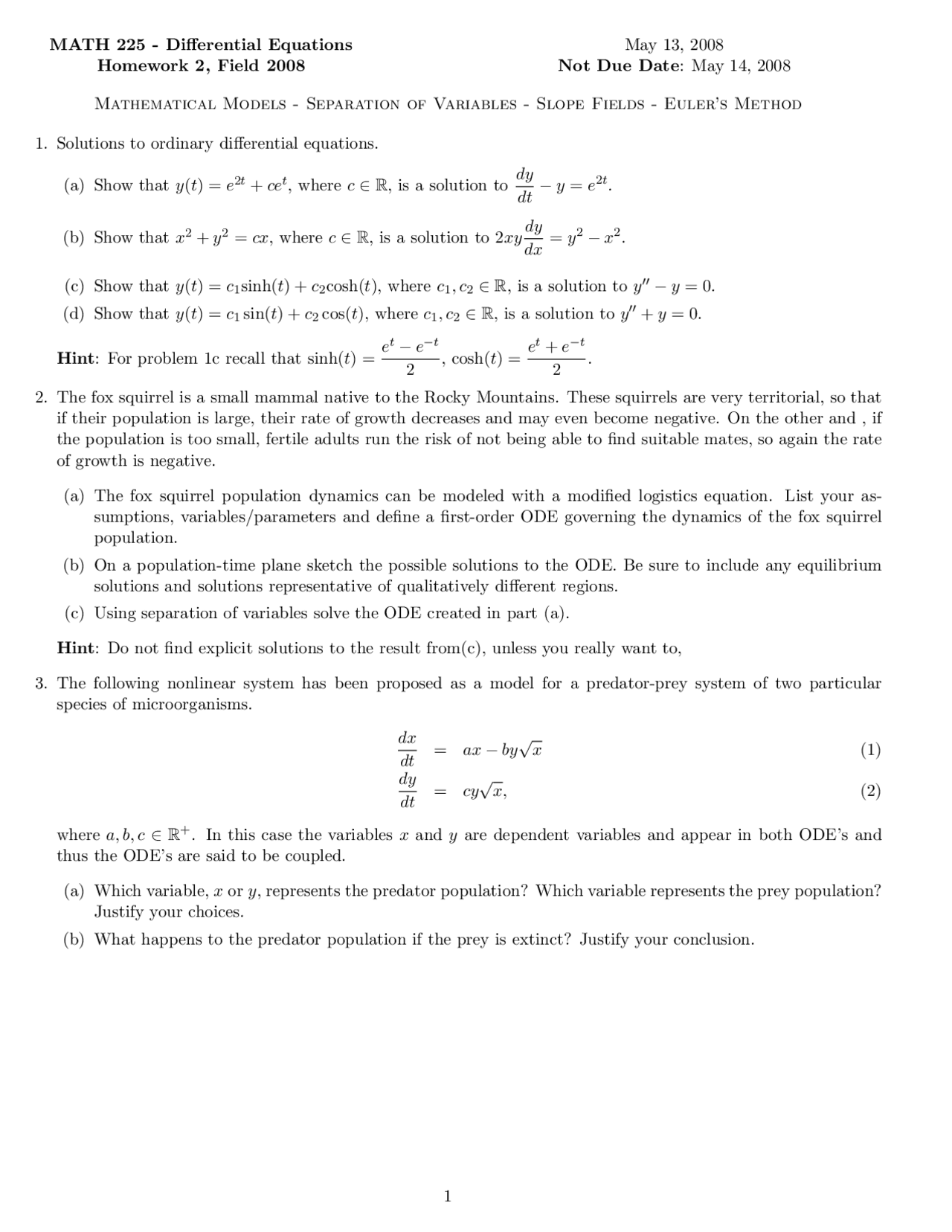 Homework 2 Solutions Differential Equations Math 225 Docsity