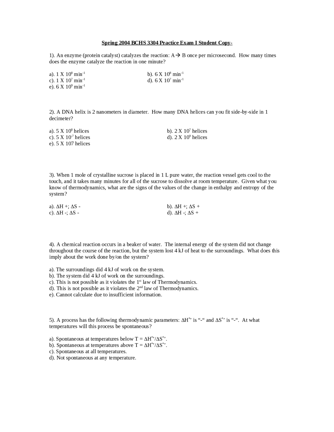 40 Multiple Choice Questions On General Biochemistry I Bchs 3304