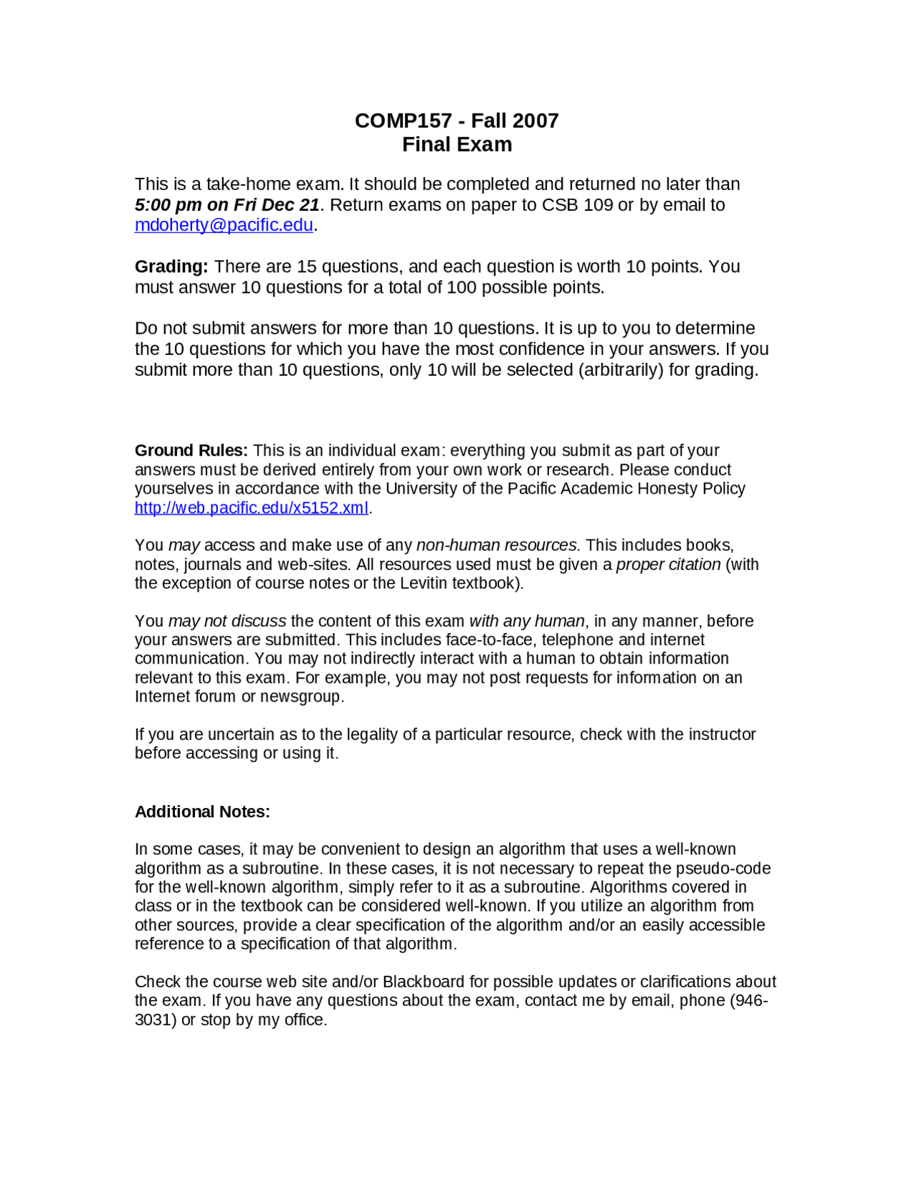 15 Questions In Final Exam Design And Analysis Of Algorithms Comp 157 Exams Algorithms And