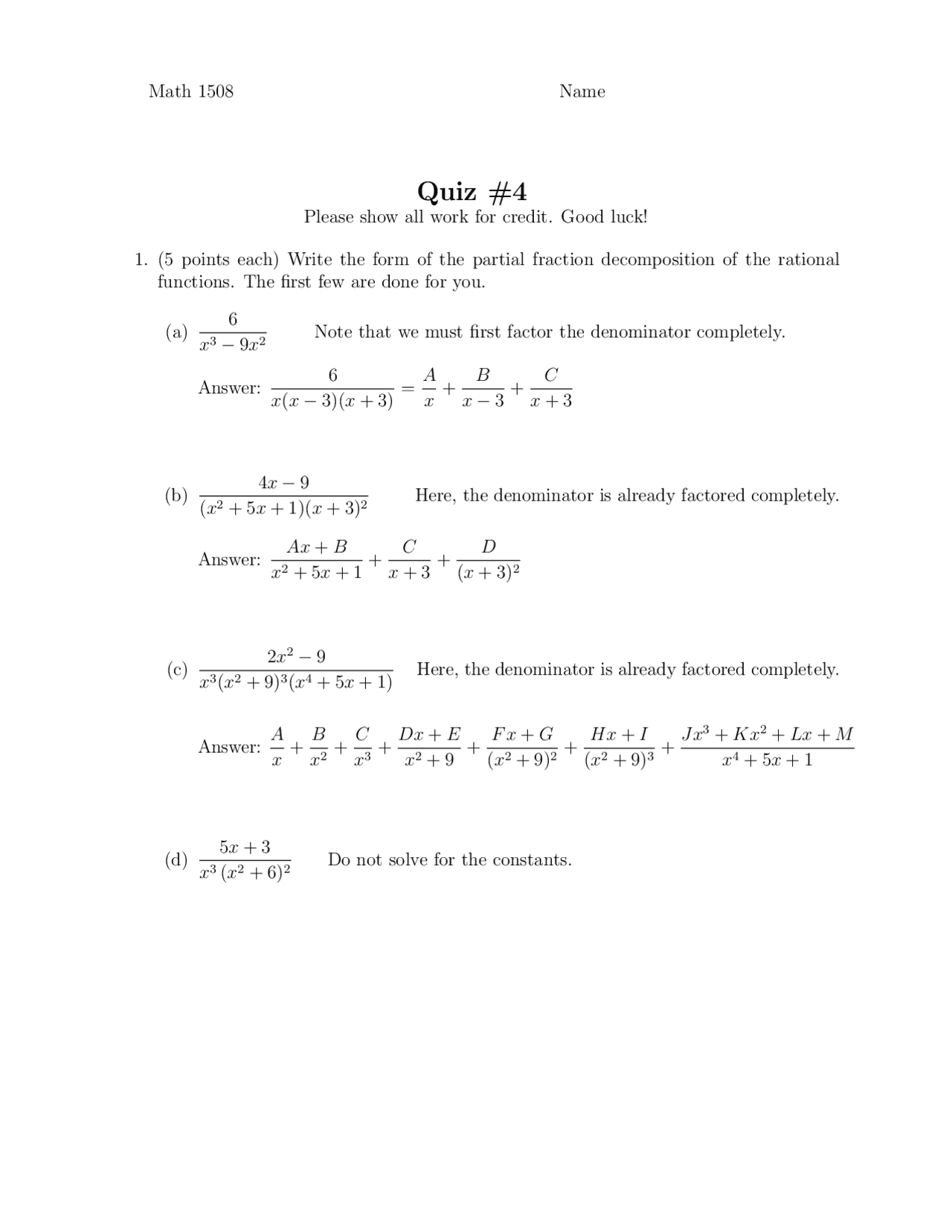 Sample Quiz 4 With Resolution Precalculus Math 1508 Docsity