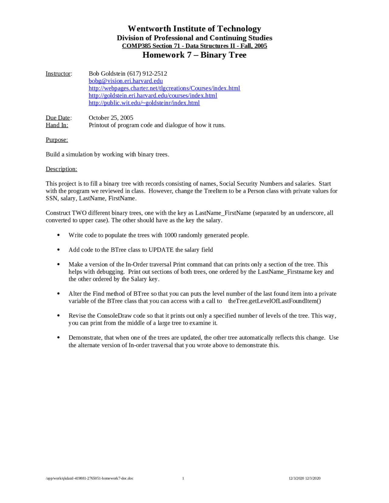 Binary Trees Data Structures I Assignment Seven Comp 385 Docsity
