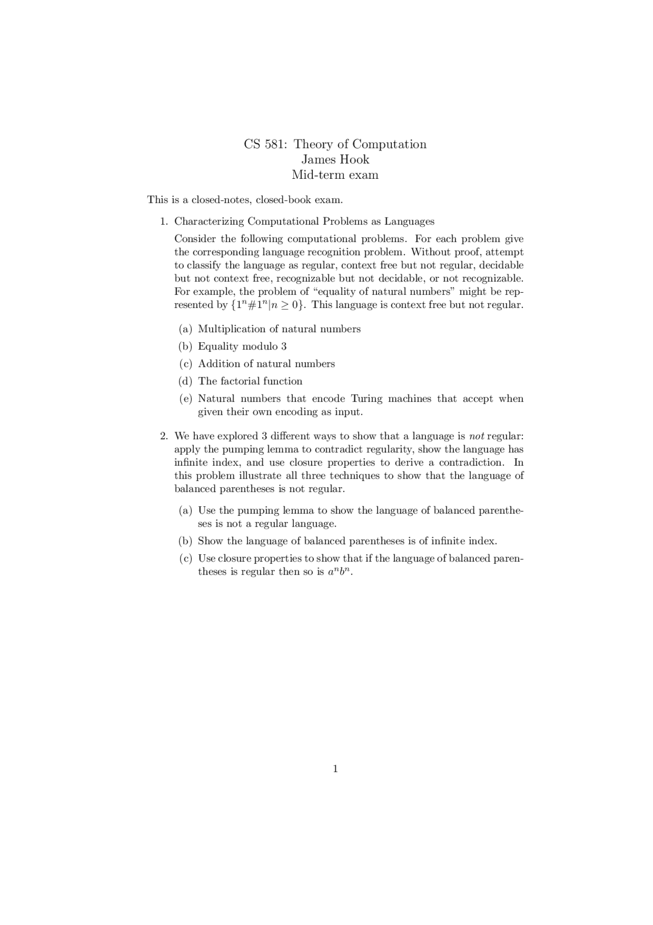 Midterm Exam Problems For Theory Of Computation Cs 581 Exams Computer Science Docsity