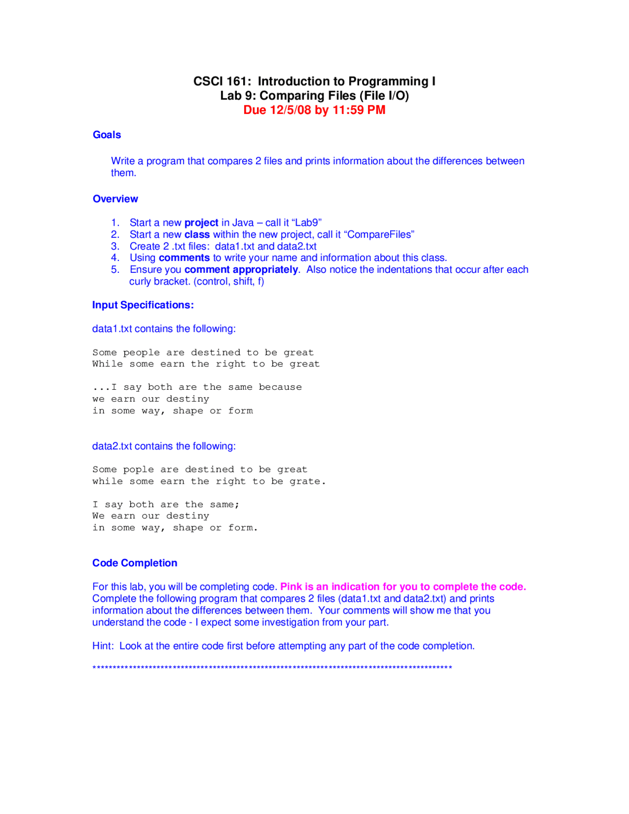 Lab Experiment 9 - Comparing Files (File I/O) | CSCI 161 - Docsity