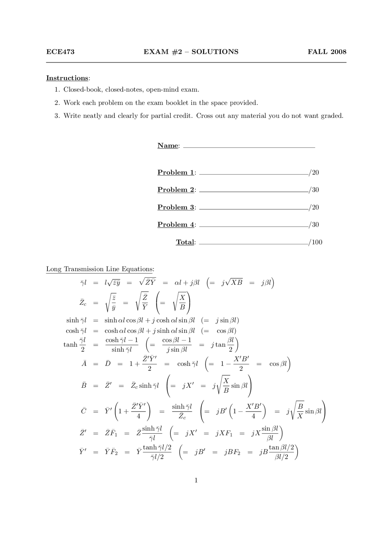Exam 2 With Solution For Power System Analysis I Ece 473 Exams
