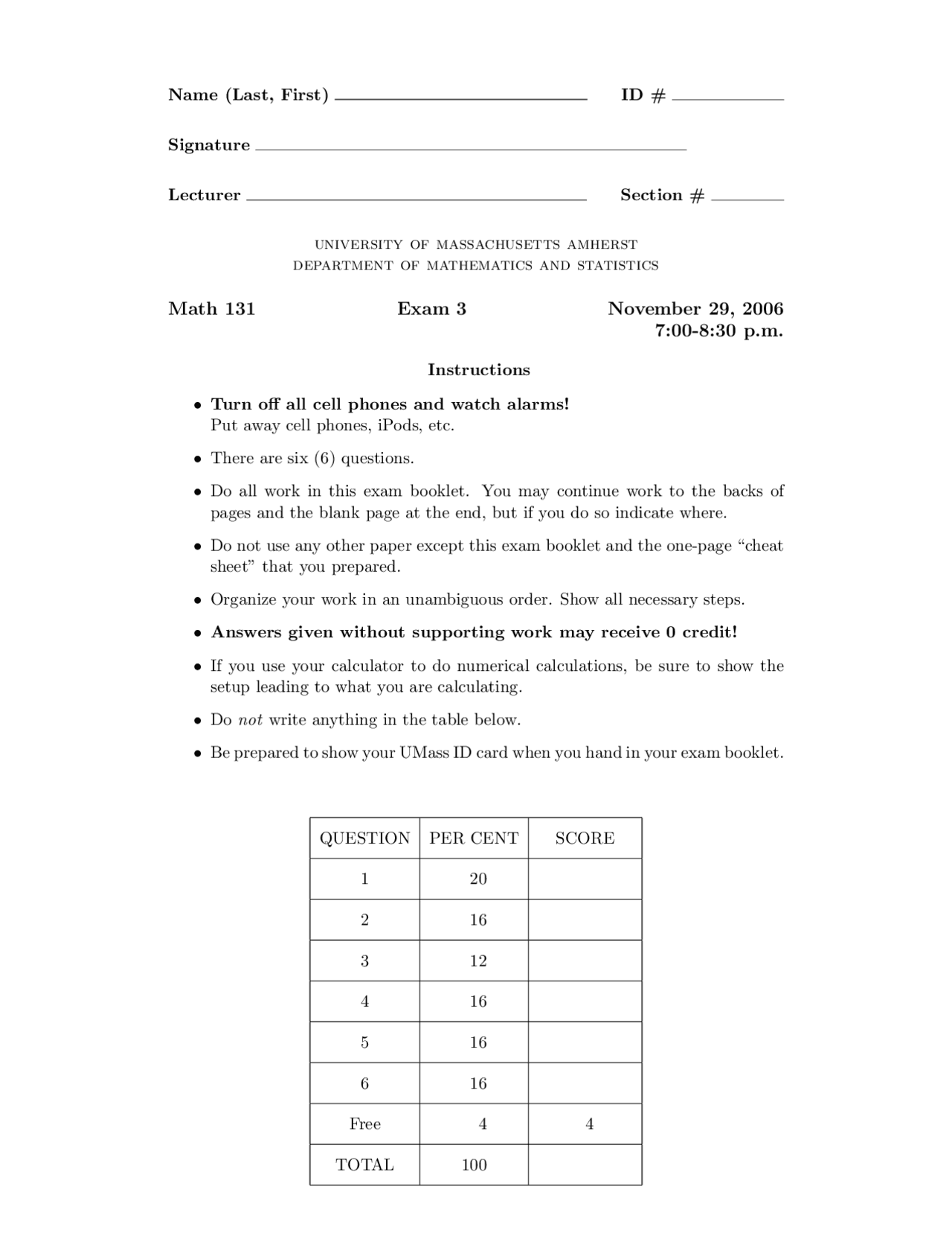 Exam 3 Increasing Decreasing Function Limits Calculus I Math