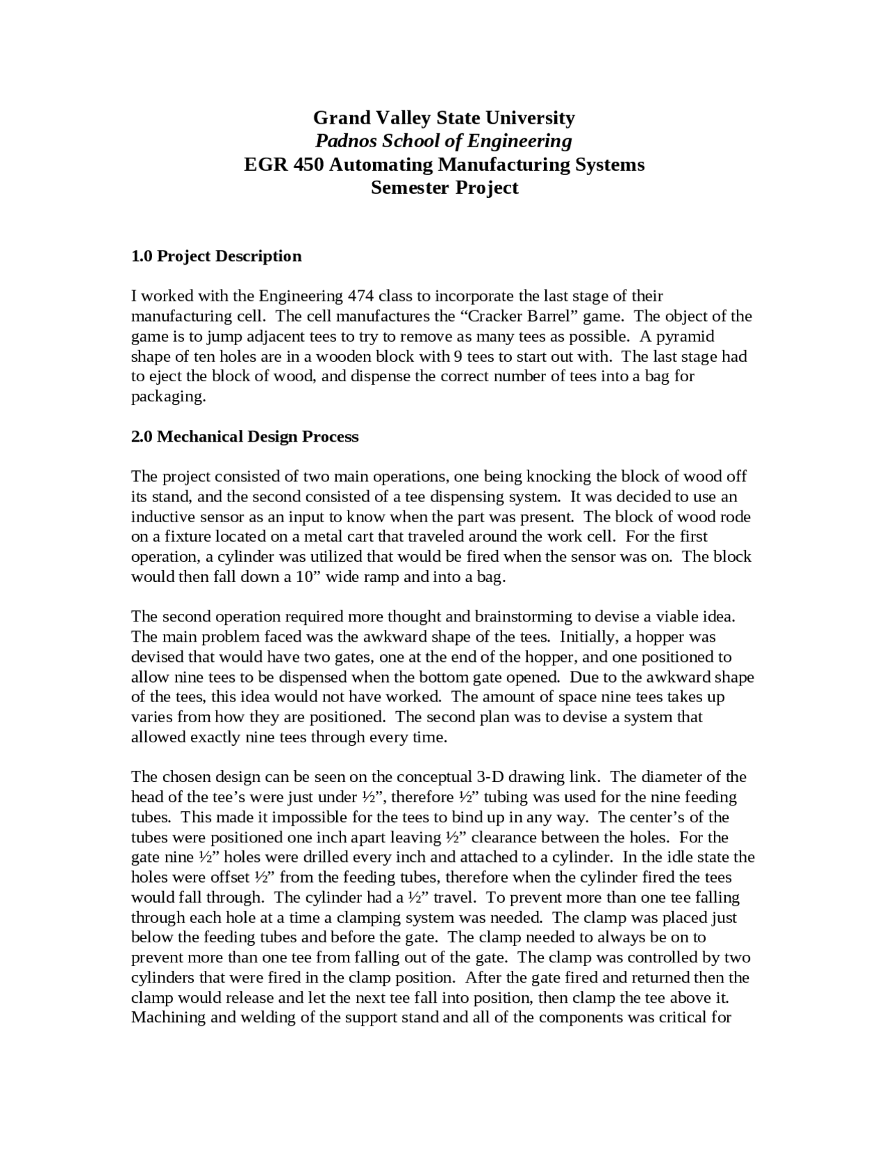 Automating Manufacturing Systems Semester Project | EGR 450 - Docsity