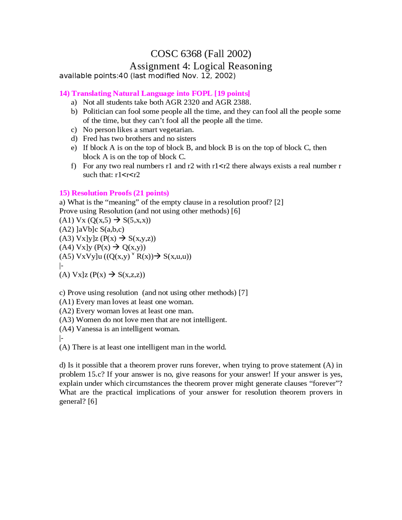 Logical Reasoning Assignment 4 Fall 2002 Cosc 6368 Docsity