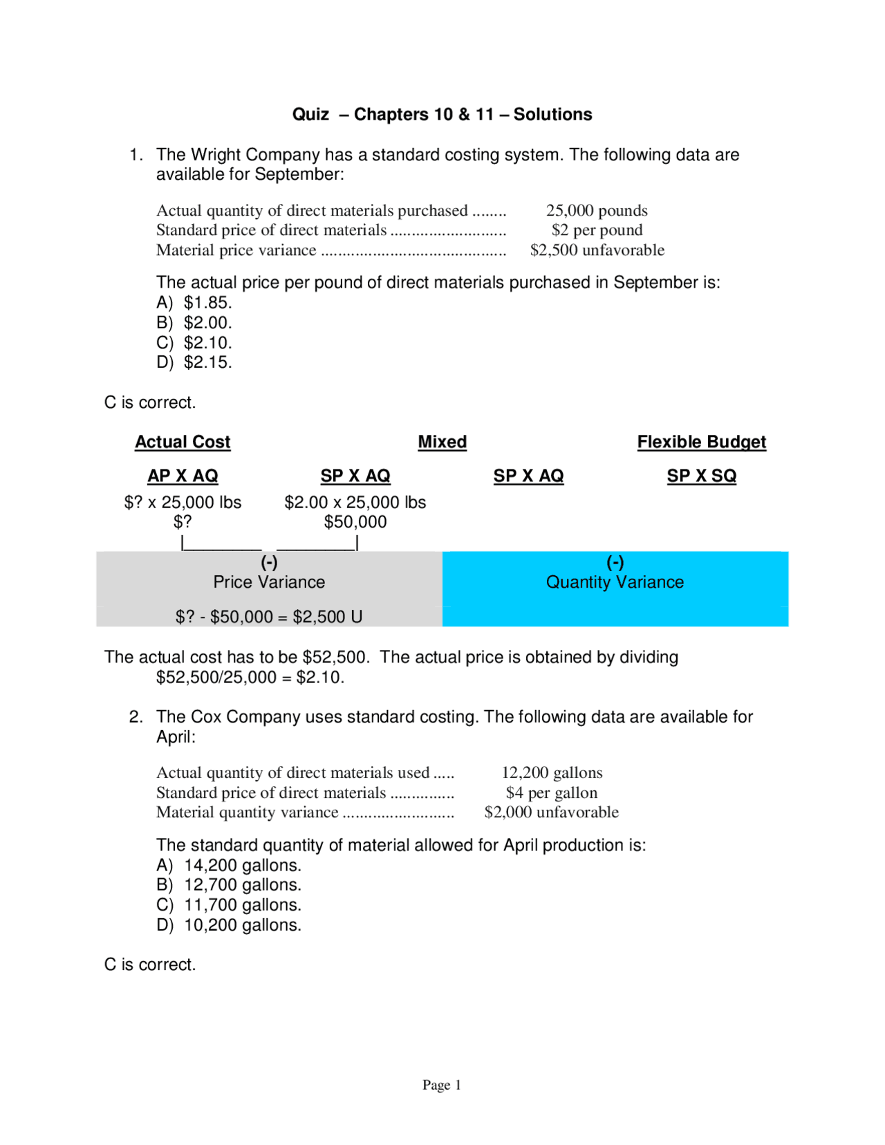 Quiz Problems With Solution Cost Accounting For Managers Acct 310