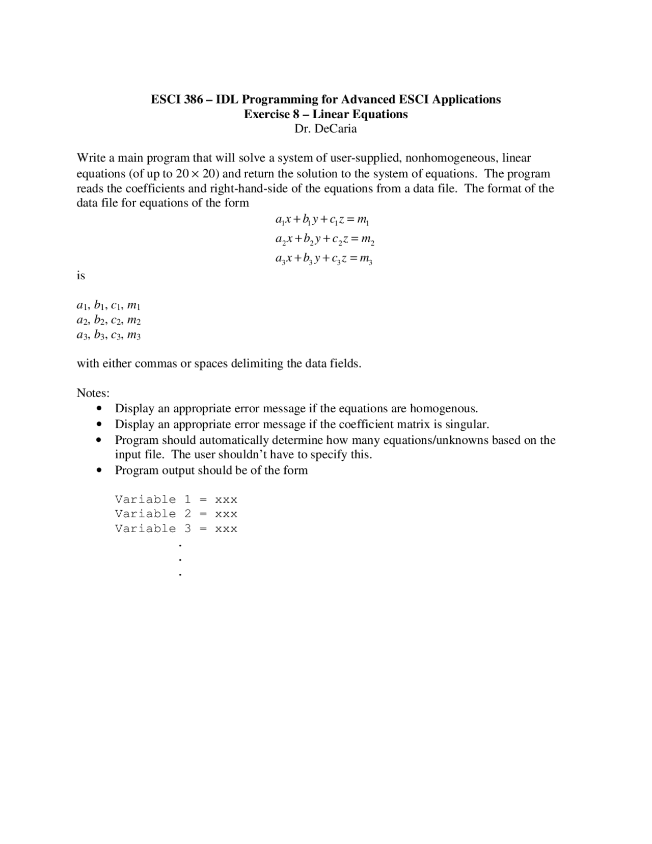 Exercise 8 - Linear Equations - Programming for Advanced ESCI Applications | ESCI 386 - Docsity