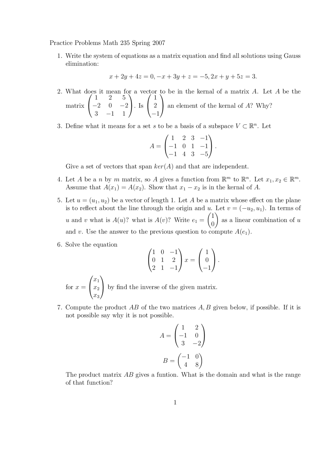 Exam 1 Practice Problems Introduction To Linear Algebra Math 235