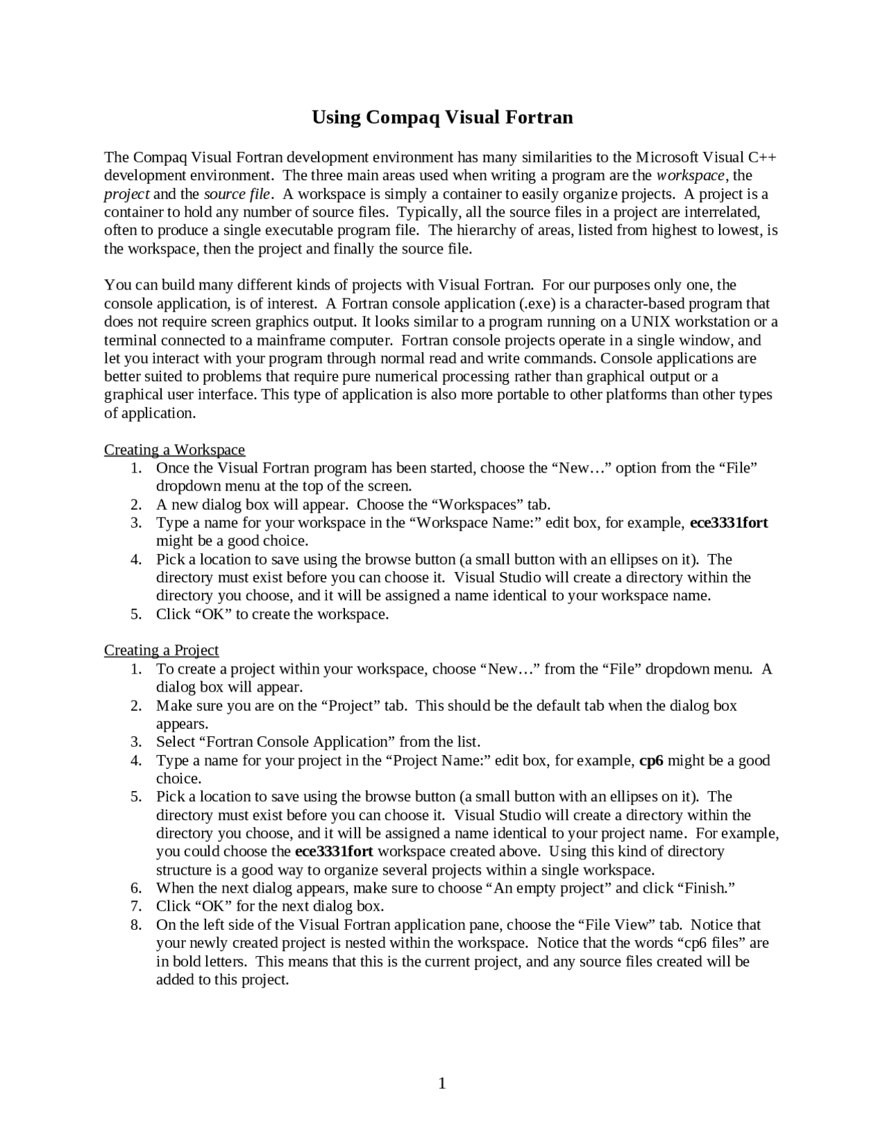 Using Compaq Visual Fortran Creating Workspaces Projects And Source