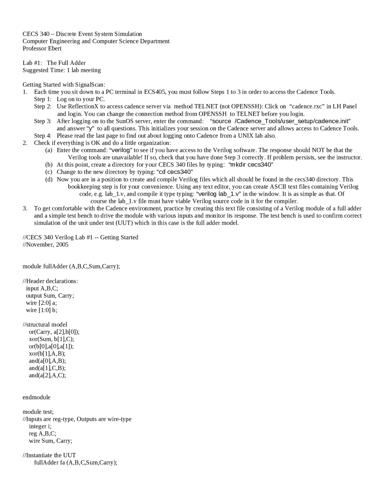 Lab I The Full Adder Computer Architecture Cecs 440 Docsity