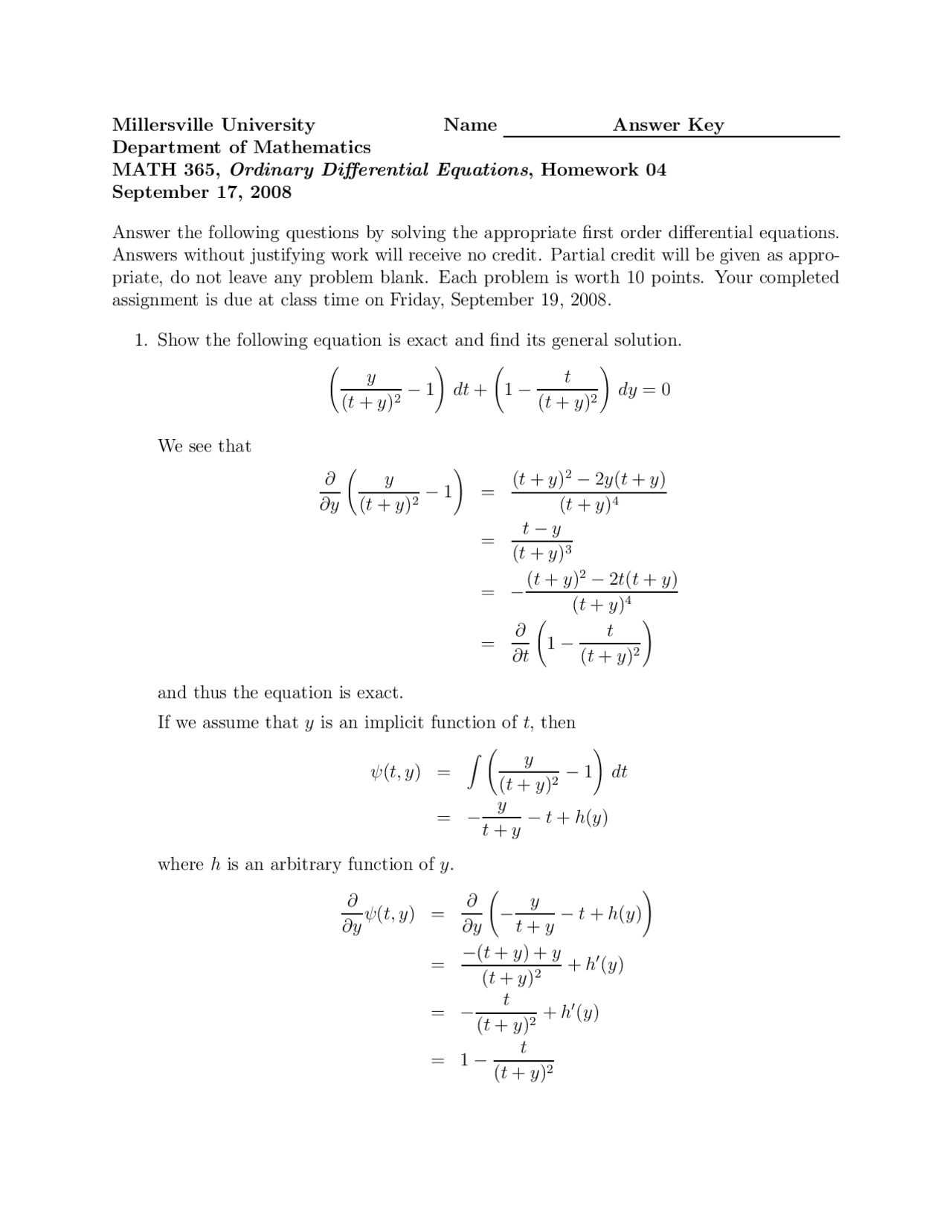 Solved Homework 4 Ordinary Differential Equation Math 365 Docsity