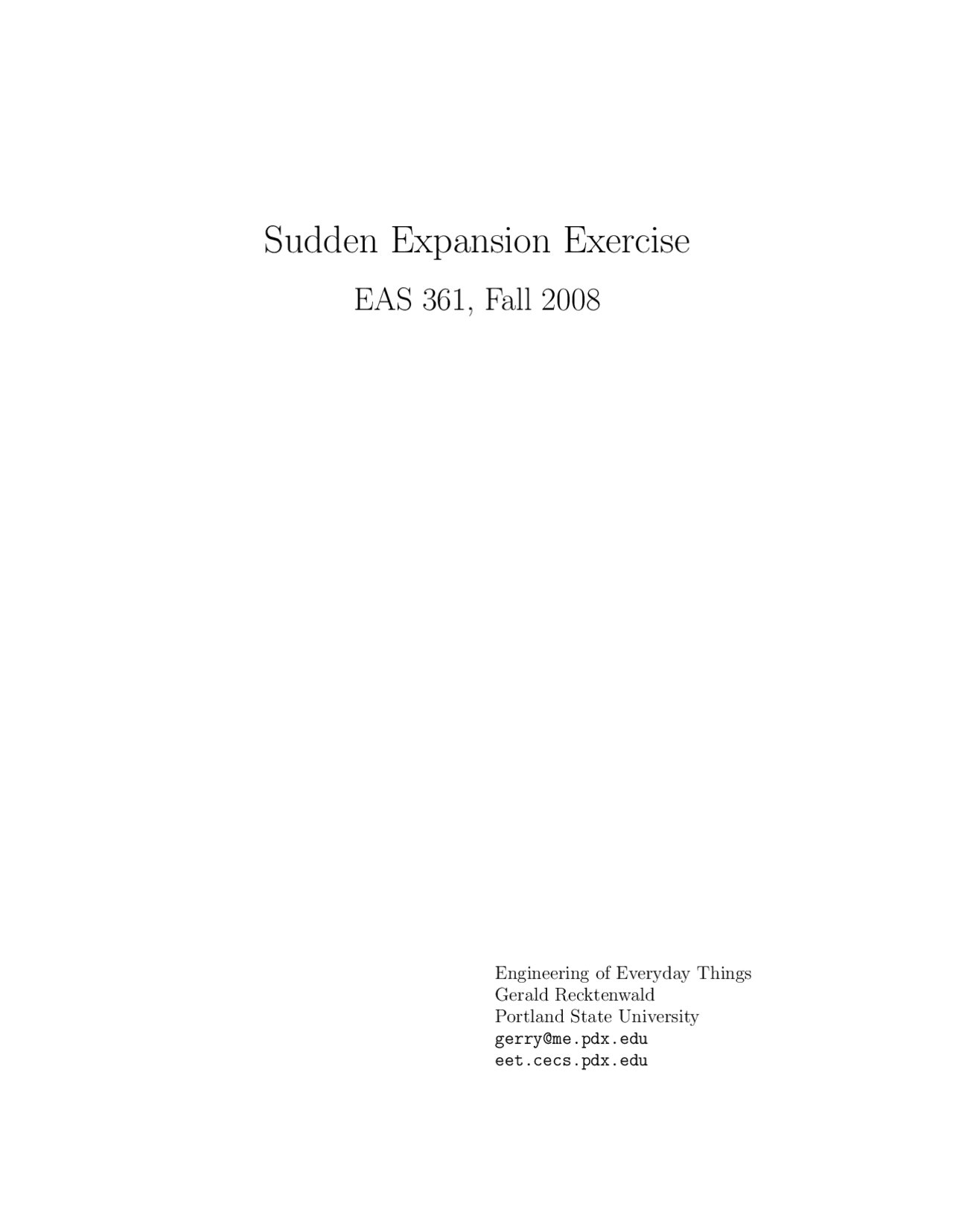 Sudden Expansion Exercises on Fluid Mechanics | EAS 361 - Docsity