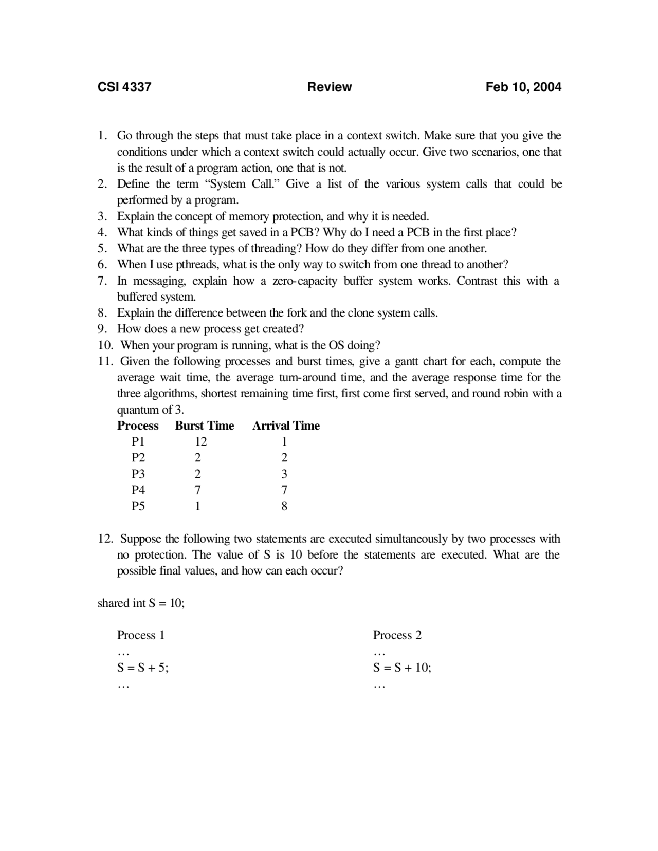 Review Questions For Introduction To Operating Systems Csi 4337 Docsity