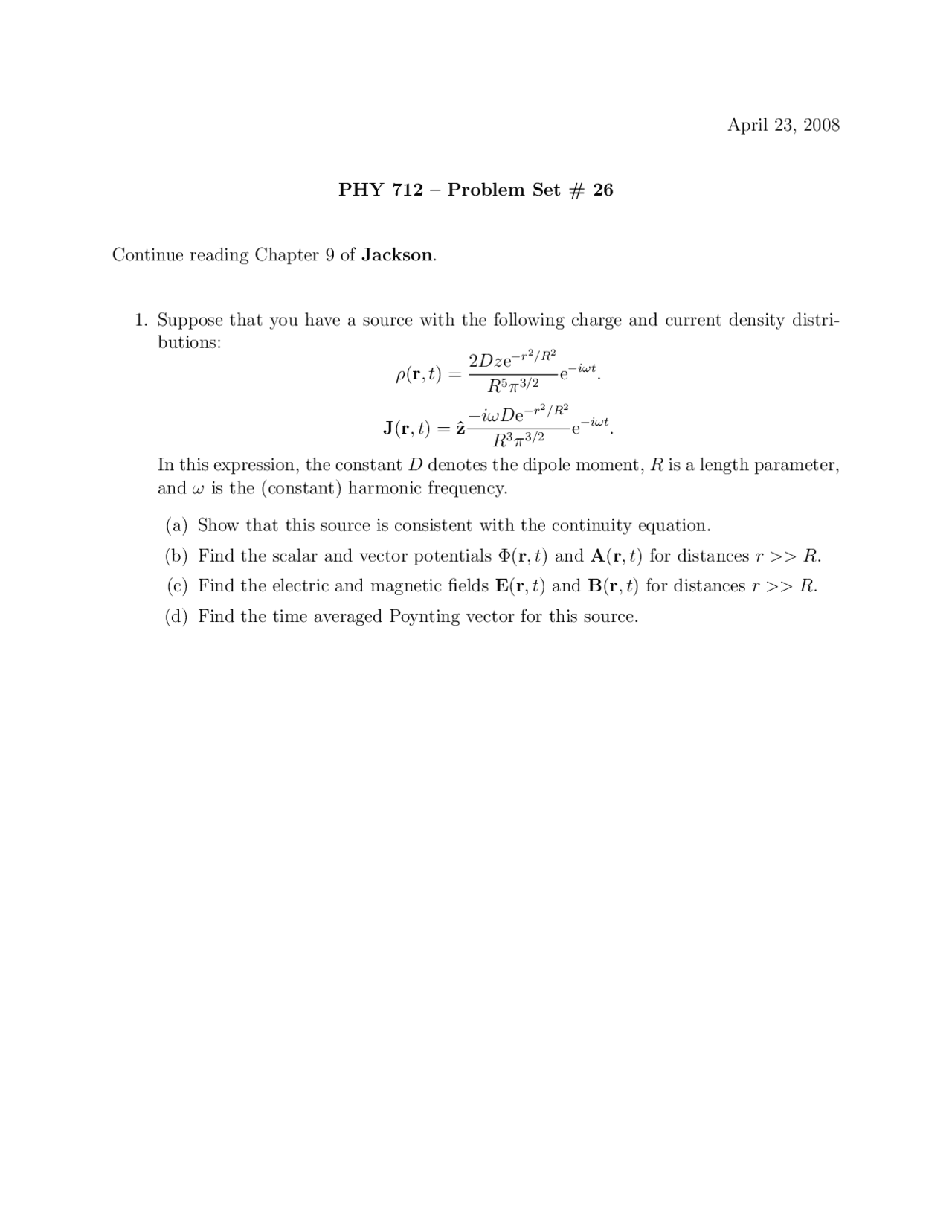 Question On Electromagnetism Problem Set 26 Phy 712 Docsity