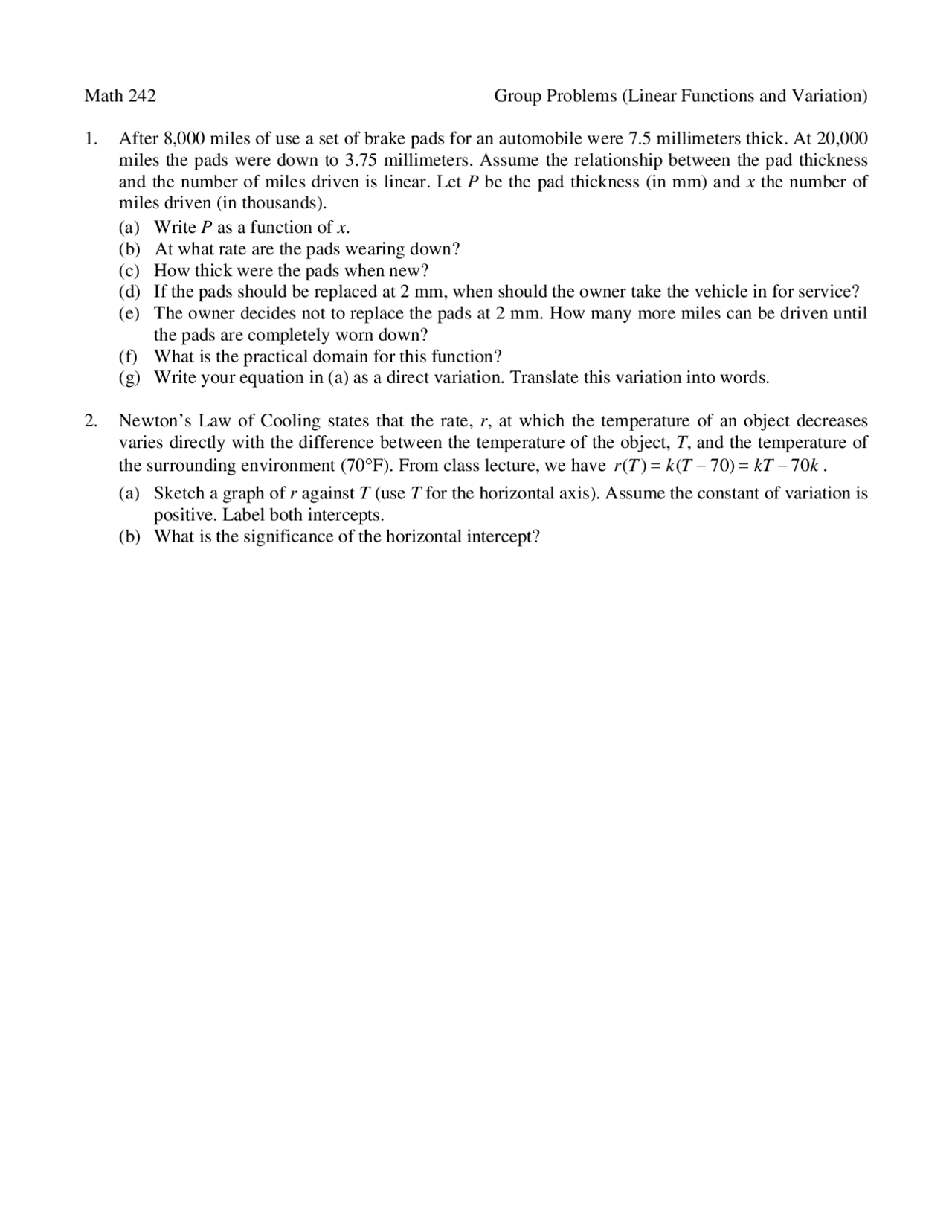 Linear Functions And Variation Lecture Notes Math 242 Docsity