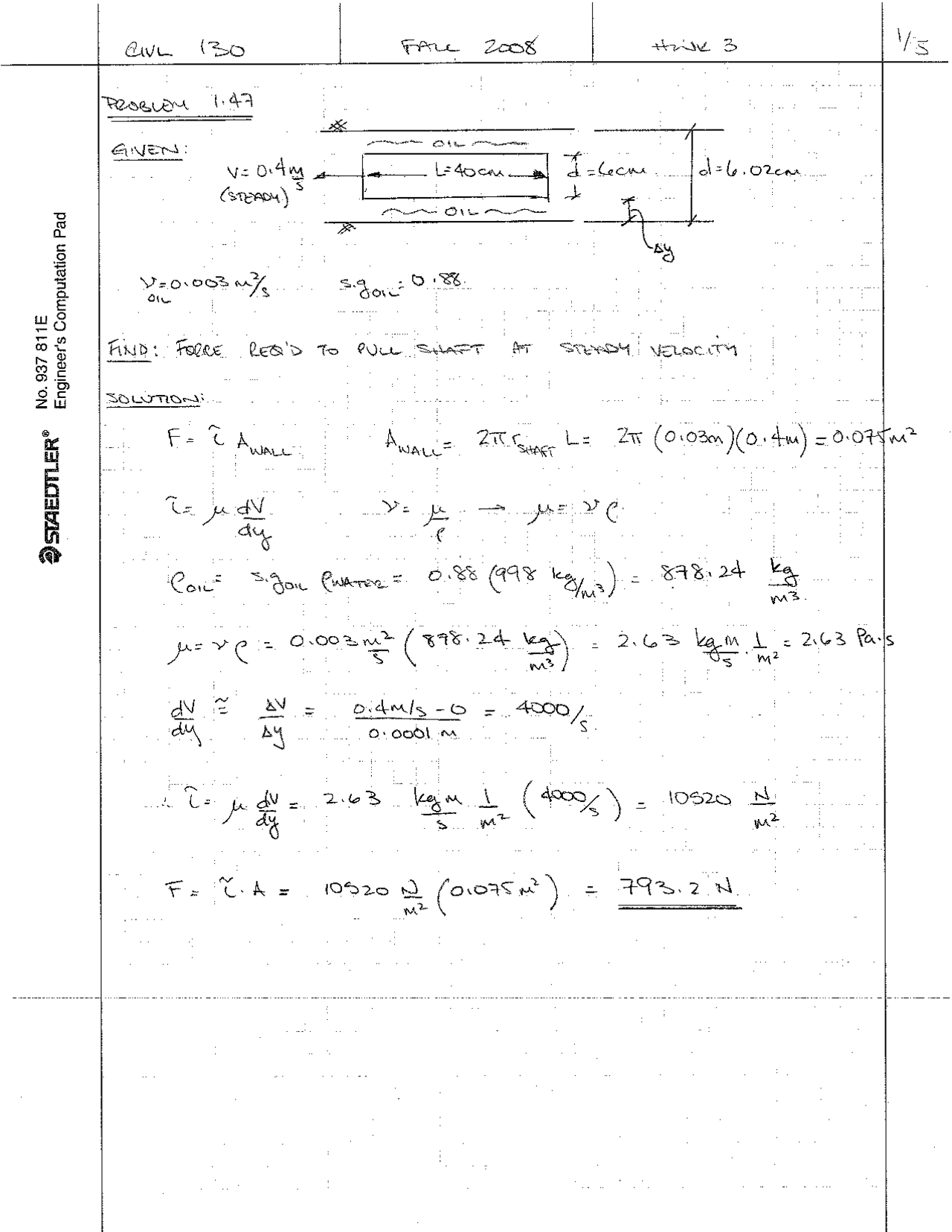 Homework 3 Solutions for Fluid Mechanics I | CIVL 130 - Docsity
