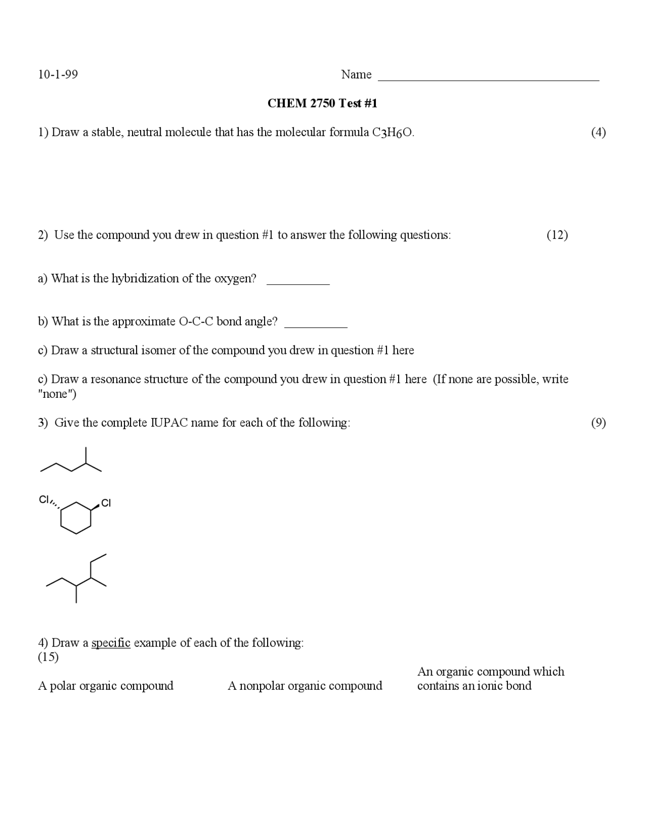Test # 1 - Organic Chemistry I | CHEM 2750 - Docsity