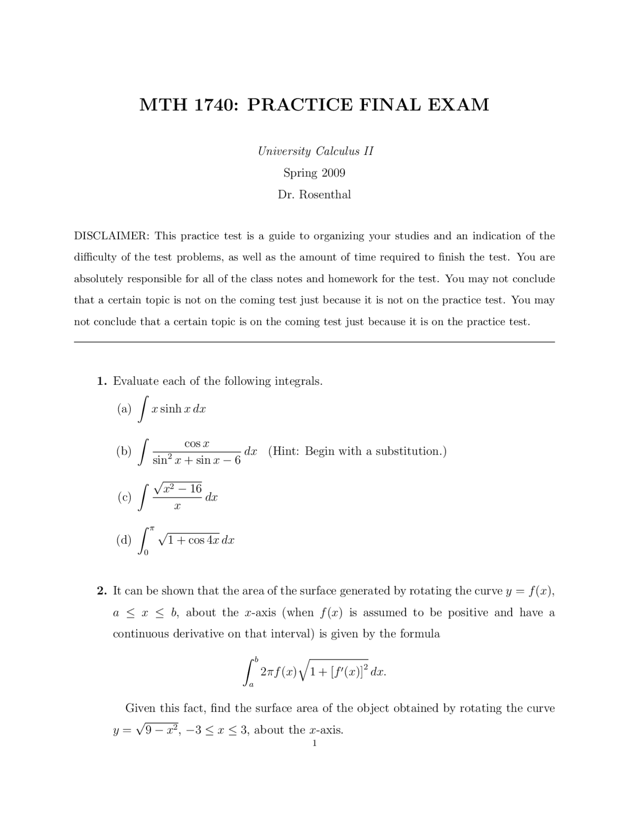 Practice Final Exam University Calculus Ii Mth 1740 Docsity