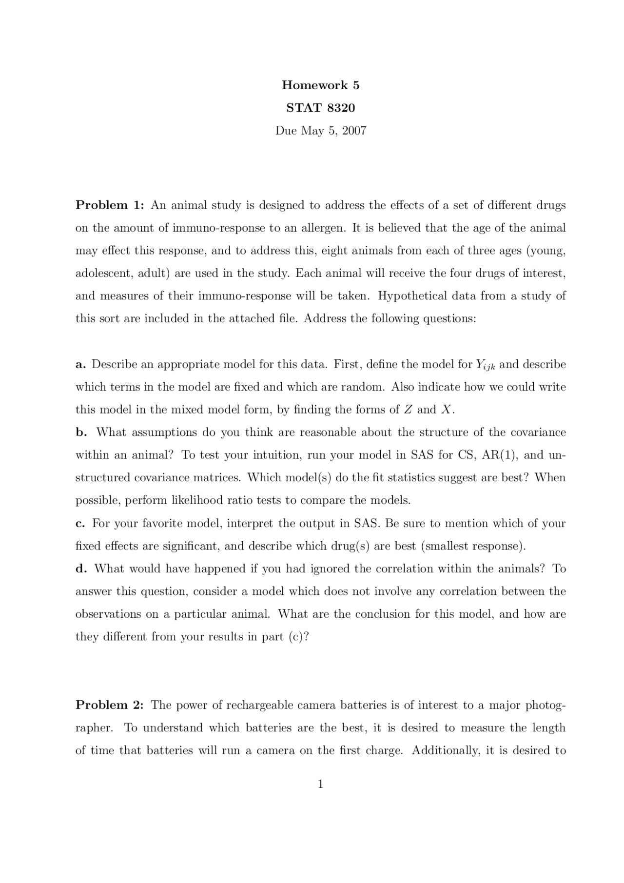 Problems On Data Analysis Ii Problem Set 5 Stat 8320 Docsity