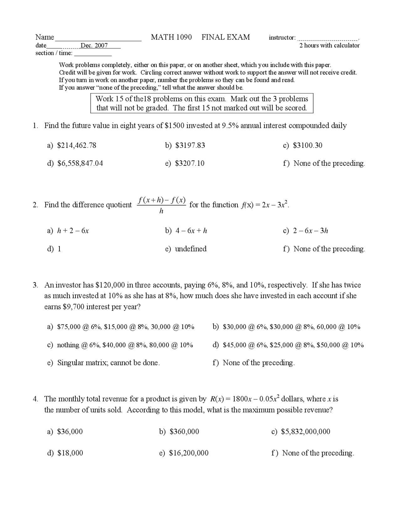 Solutions to Final Test - College Algebra-Business | MATH 1090 - Docsity