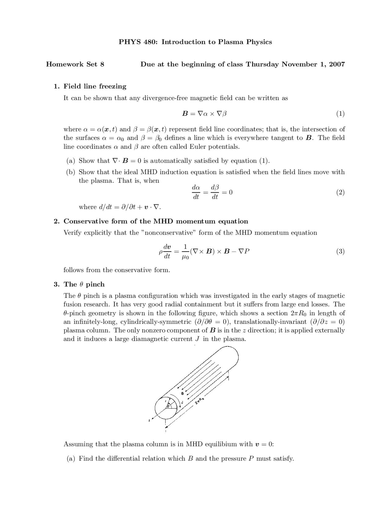 Introduction To Plasma Physics Homework Set 8 Phys 480 Docsity