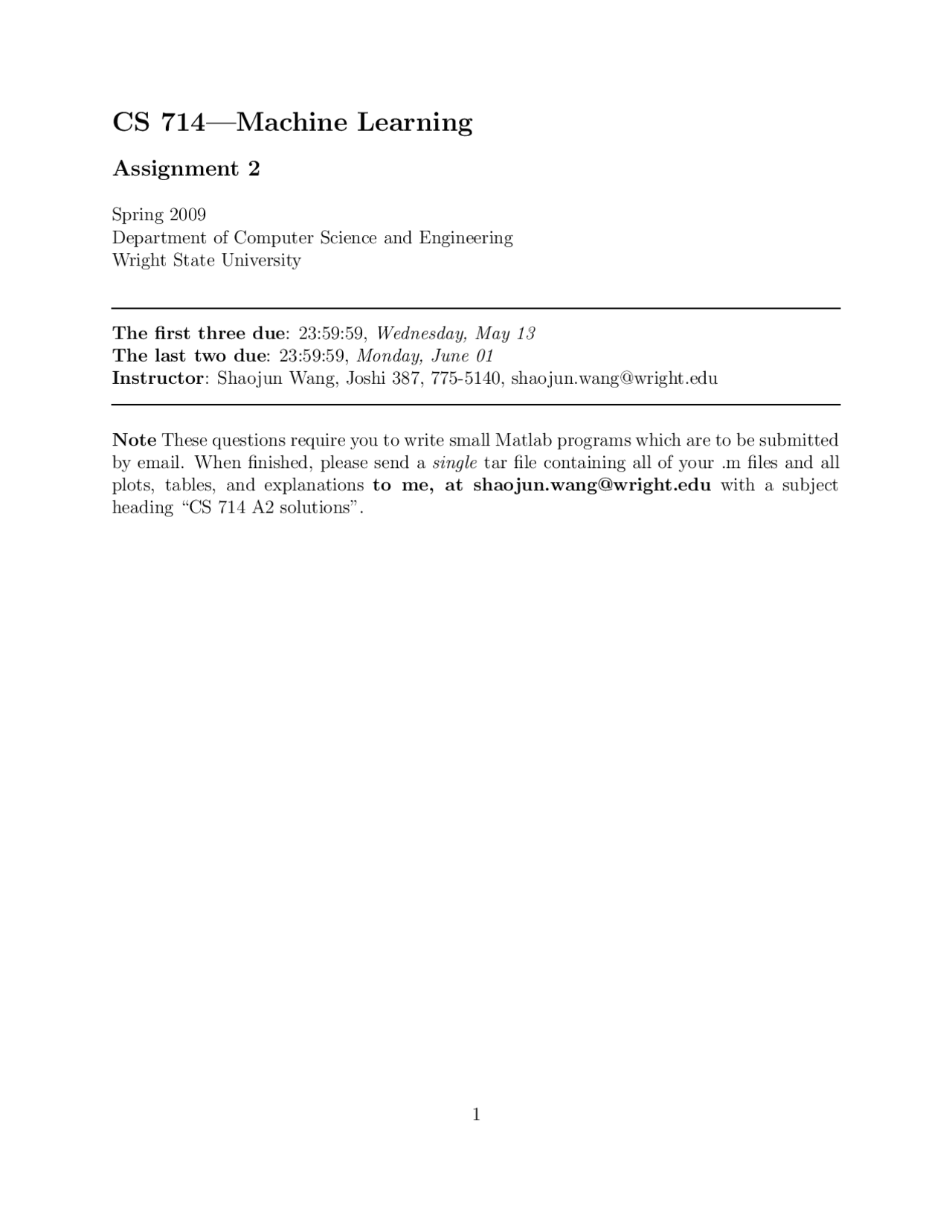 Machine Learning I Assignment 2 Practice Problems Cs 714 Docsity