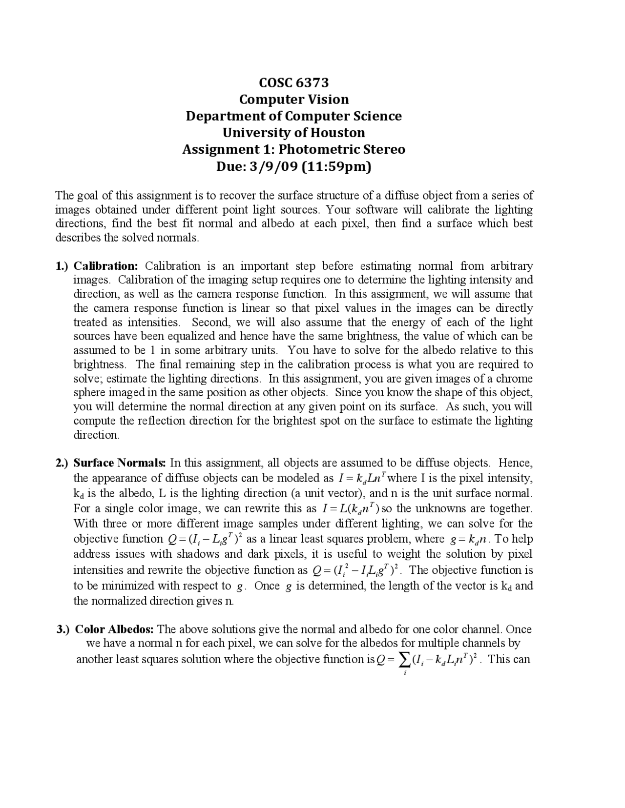 Practice Assignment 1: Photometric Stereo | COSC 6373 - Docsity