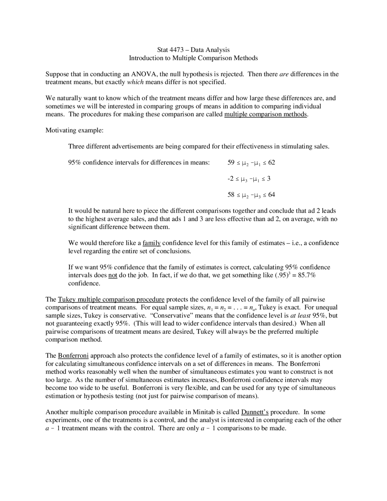 Data Analysis Introduction to Multiple Comparison Methods | STAT 4473 - Docsity