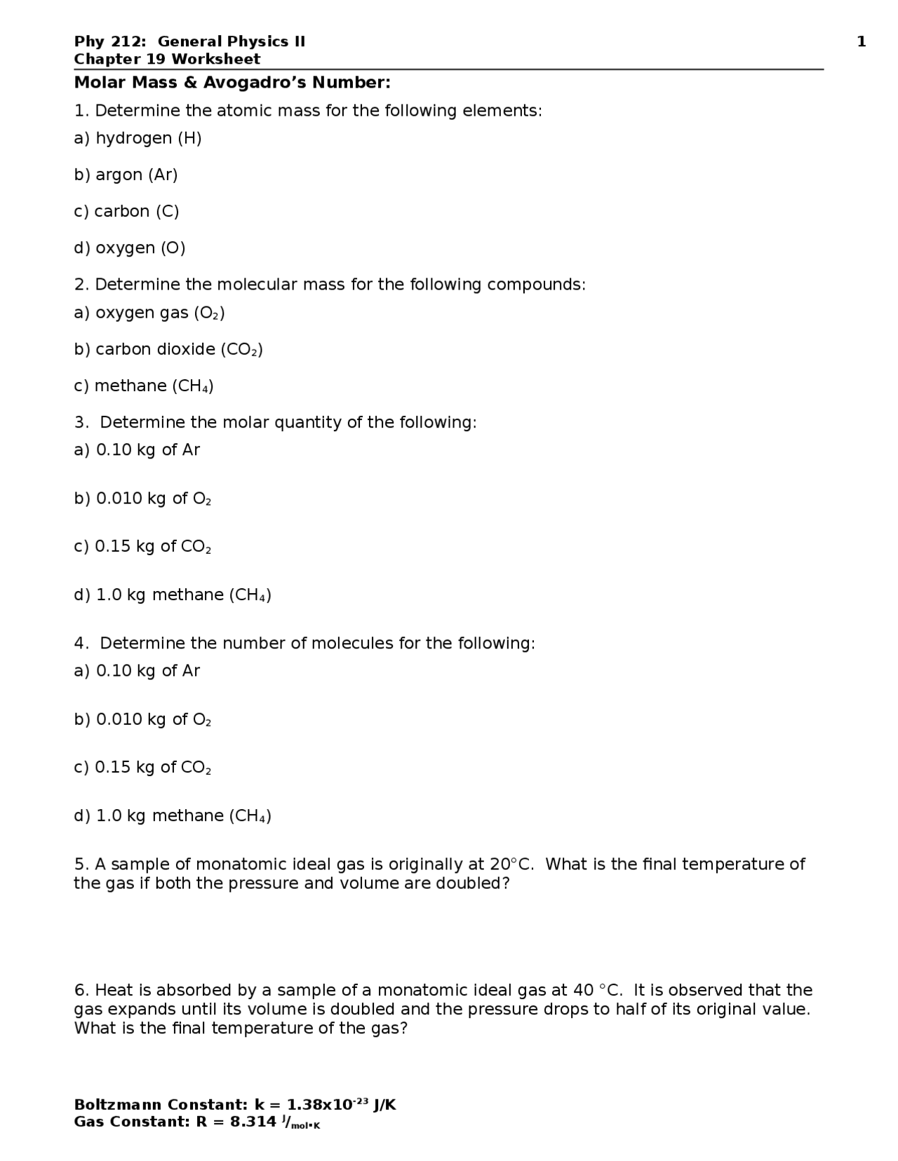Molar Mass and Avogadro’s Number Final Exam - General Physics | PHY 212 ...