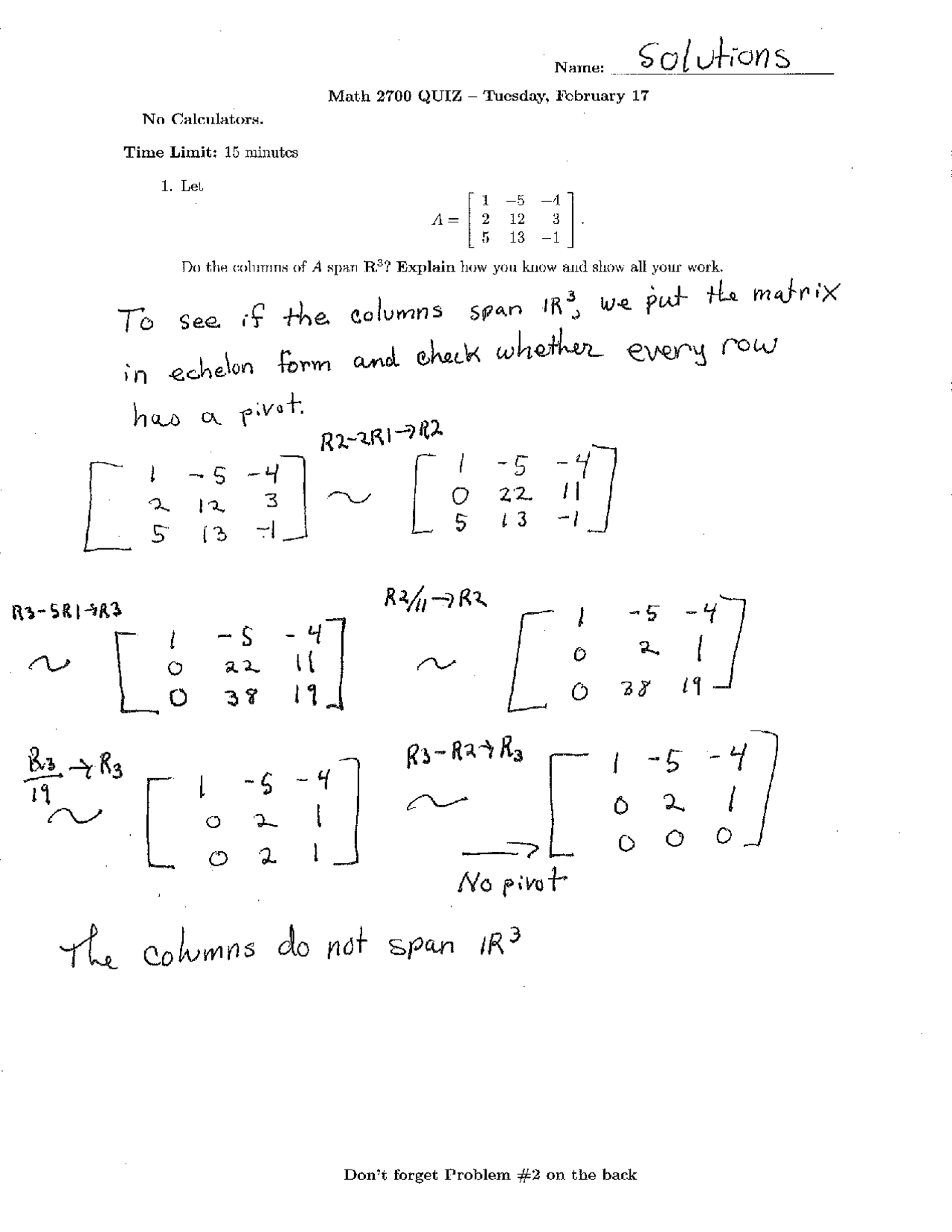 Quiz 2 With Solution Linear Algebra And Vector Geometry Math 2700