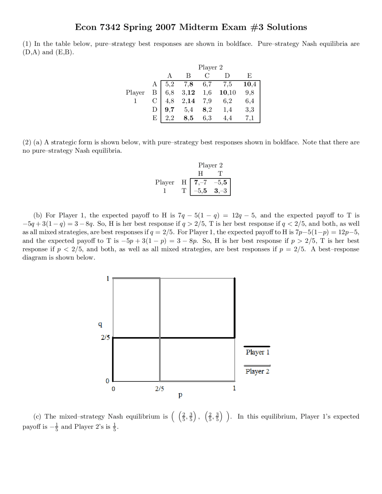 Midterm Exam 3 Solution Microeconomic Theory Ii Spring 2007 Econ